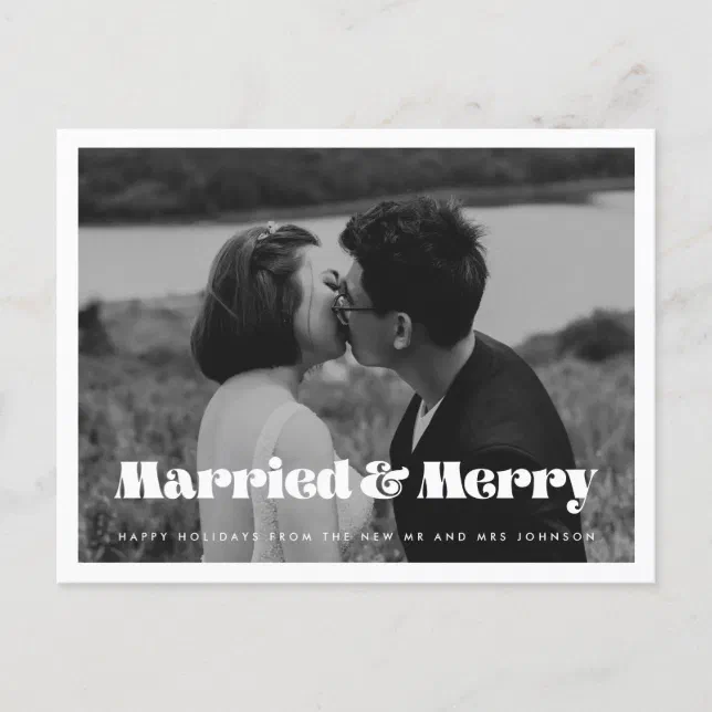 Married and Merry Retro vintage photo Christmas Postcard | Zazzle