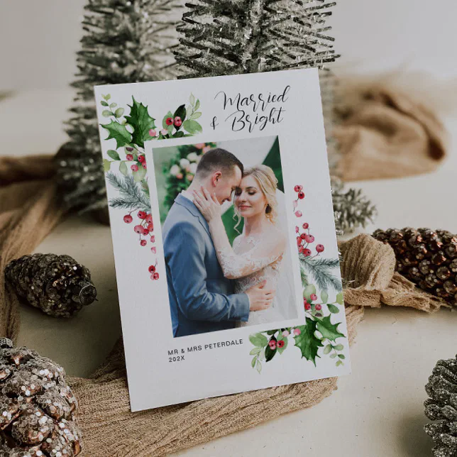 Married & Bright christmas wedding announcement | Zazzle