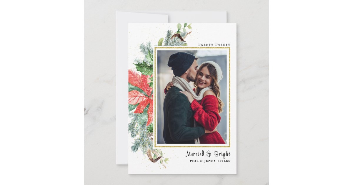 Married & Bright Wedding Photo Holiday Card | Zazzle