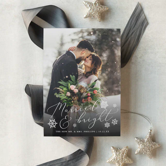 Married & Bright | Wedding Photo Holiday Card | Zazzle
