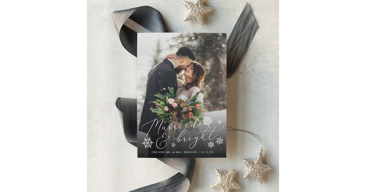 Married & Bright | Wedding Photo Holiday Card | Zazzle