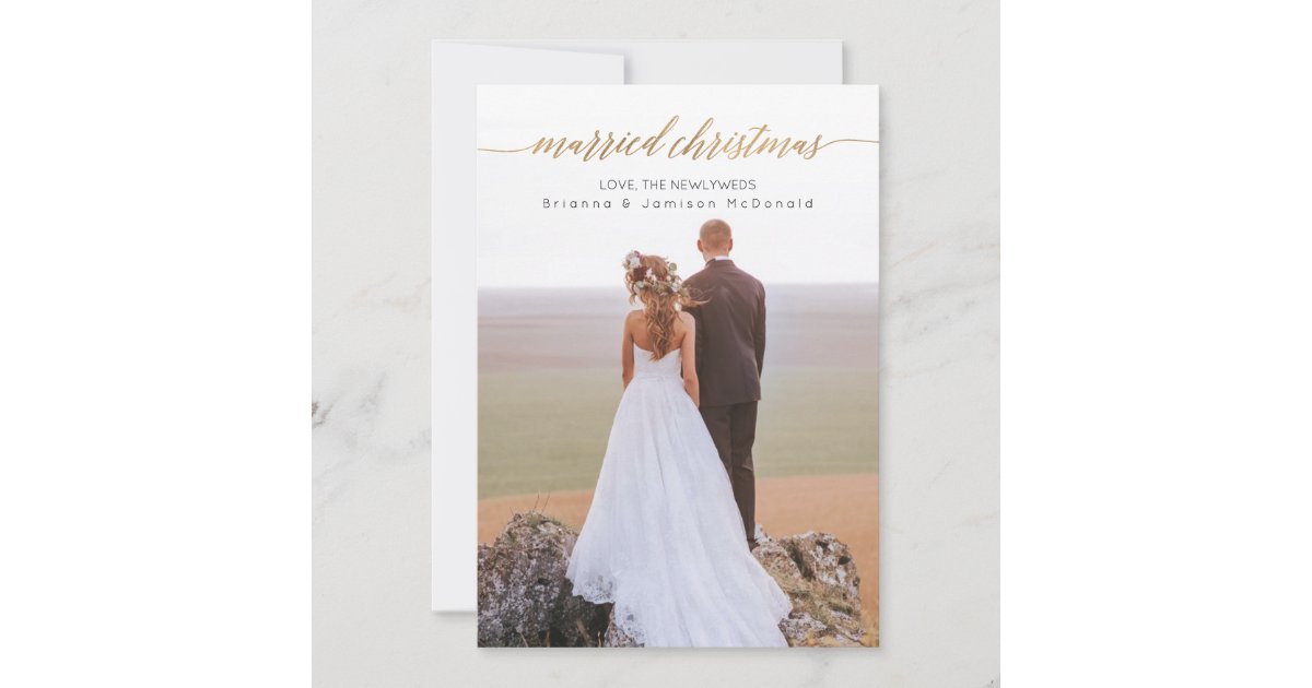 Married Christmas Newlywed Photo | Gold Holiday Card | Zazzle