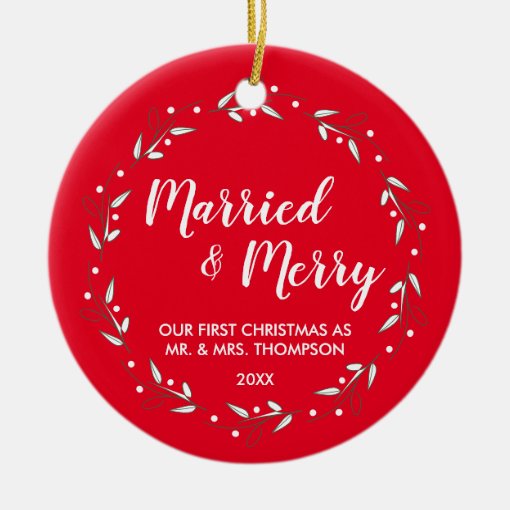 Married & Merry Christmas Wreath Wedding Photo Ceramic Ornament | Zazzle