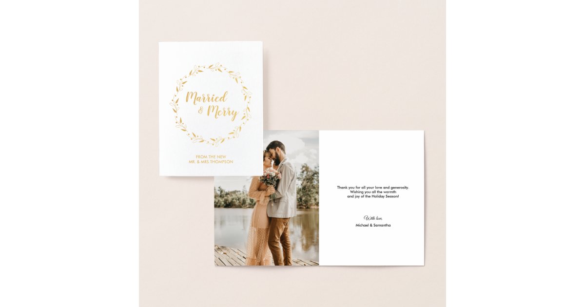 Married & Merry Christmas Wreath Wedding Photo Foil Card | Zazzle