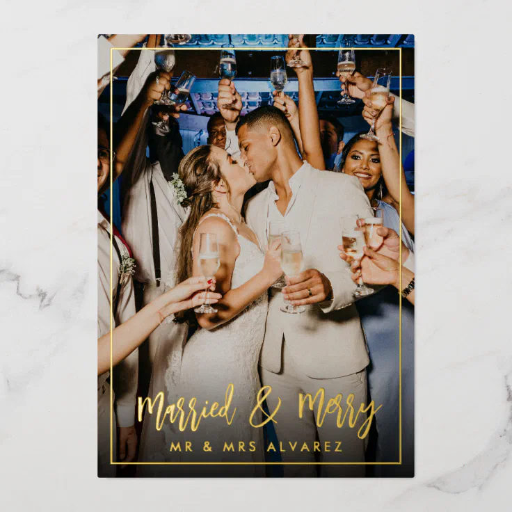Married & Merry Elegant Foil Holiday Card | Zazzle