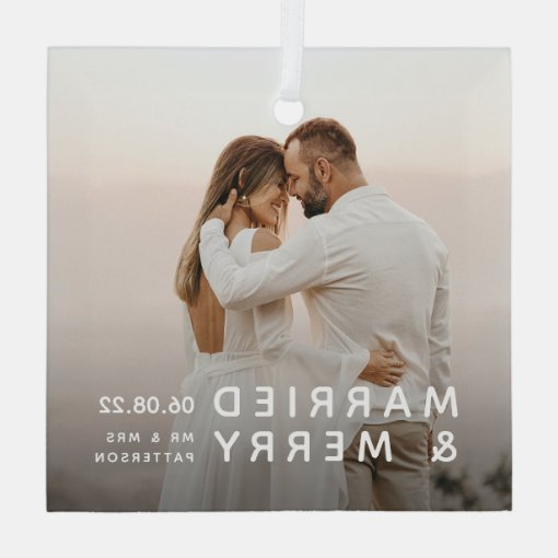Married & Merry Photo, Names & Date Christmas Glass Ornament | Zazzle