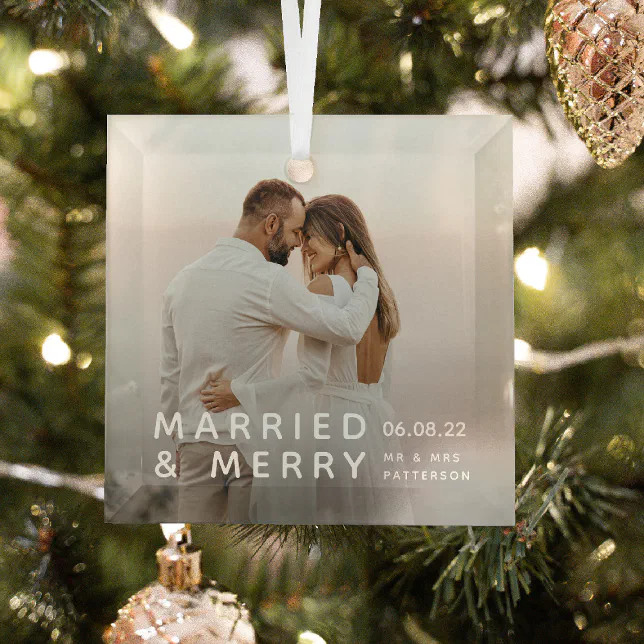 Married & Merry Photo, Names & Date Christmas Glass Ornament | Zazzle