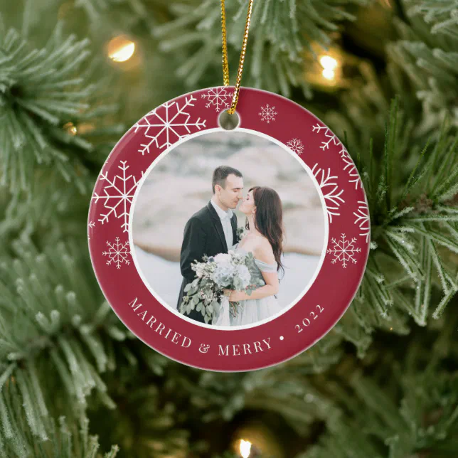 Married & Merry | Wedding Photo Ceramic Ornament | Zazzle