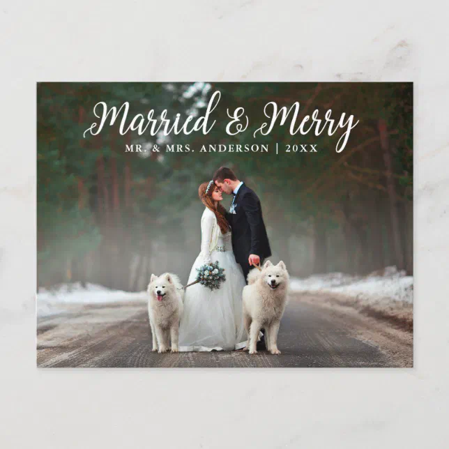 Married & Merry Wedding Photo Christmas Postcard | Zazzle