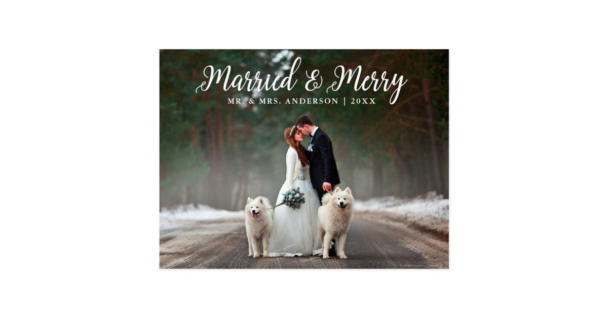Married & Merry Wedding Photo Christmas Postcard | Zazzle.com
