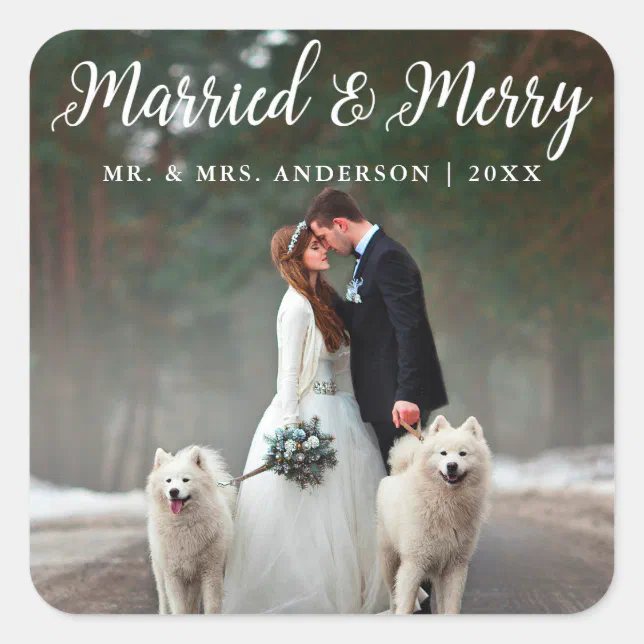 Married & Merry Wedding Photo Christmas Square Sticker | Zazzle