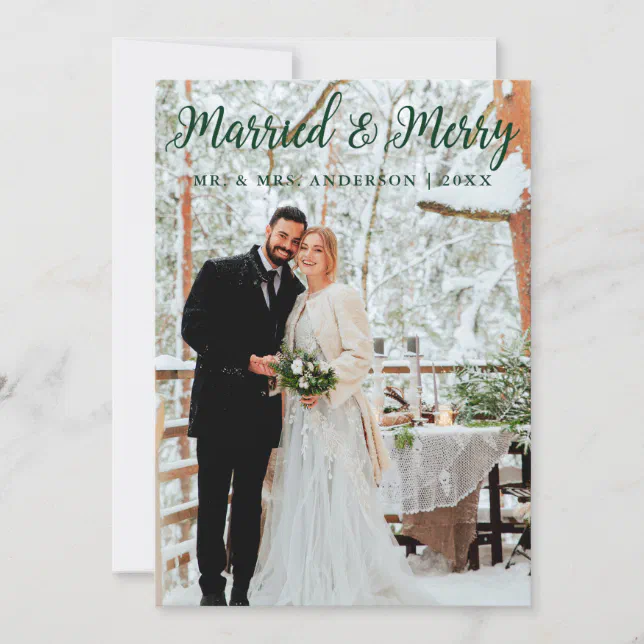 Married & Merry Wedding Photo Green Holiday Card | Zazzle