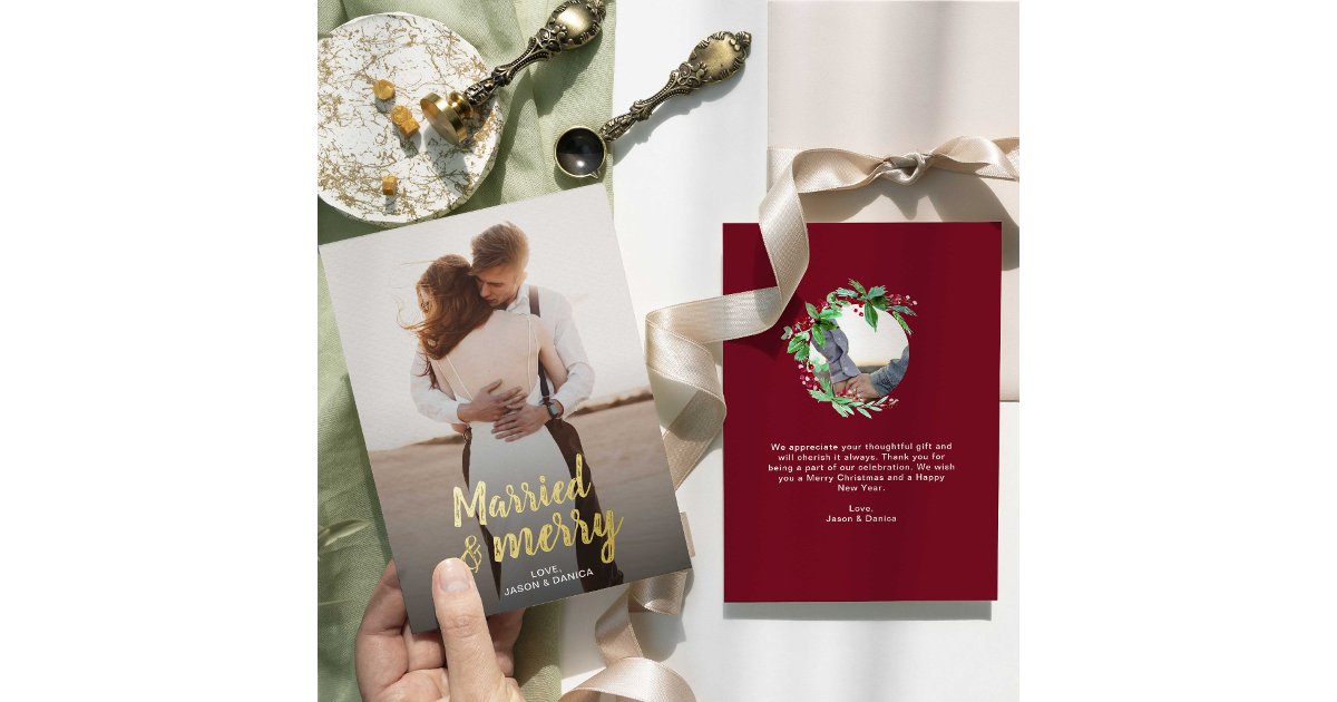 Married & Merry Wedding Thank you Christmas Photo Foil Holiday Card ...