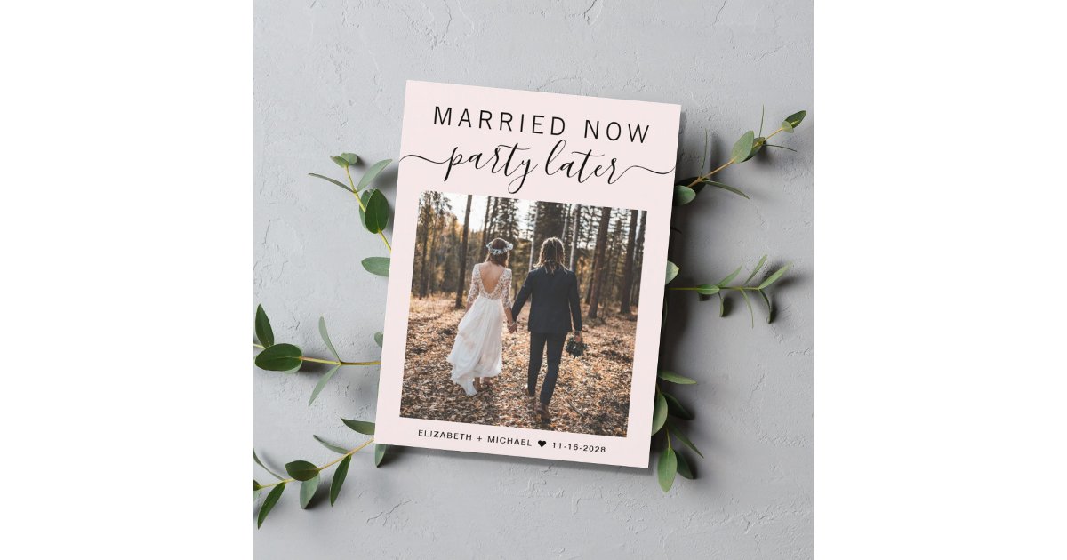 Married Now Party Later Photo Pink Wedding Announcement Postcard | Zazzle