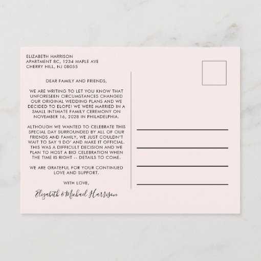 Married Now Party Later Photo Pink Wedding Announcement Postcard | Zazzle