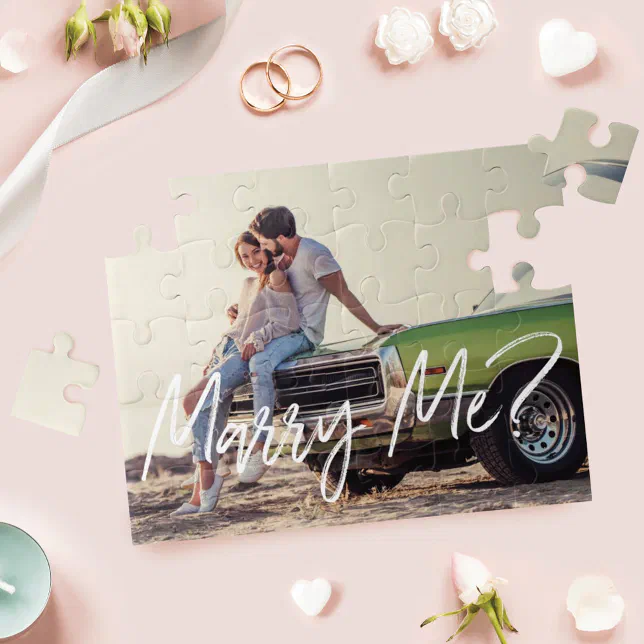 Marry Me? Trendy Brush Script & Custom Photo Jigsaw Puzzle | Zazzle