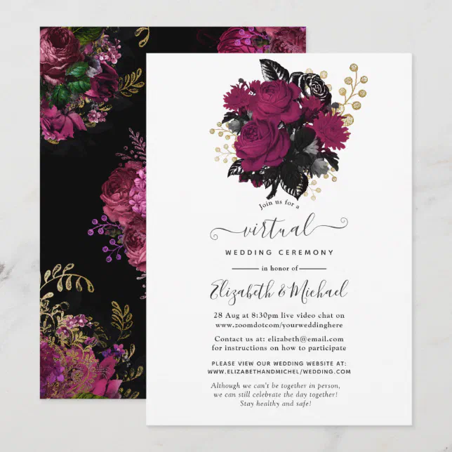 Marsala and Gold Floral Virtual Wedding Invitation | Zazzle