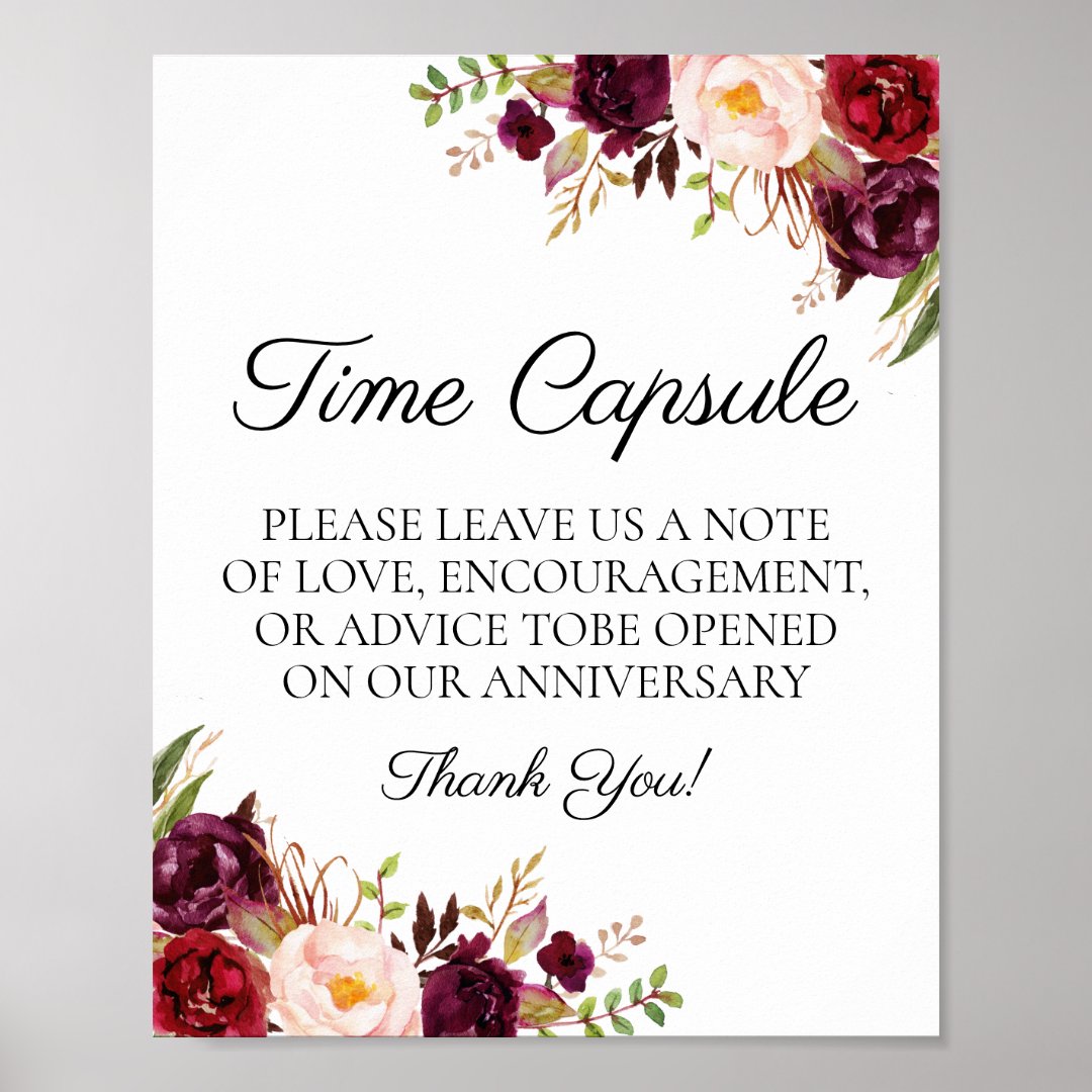 Marsala and Pink Floral Wedding Time Capsule Sign | Zazzle