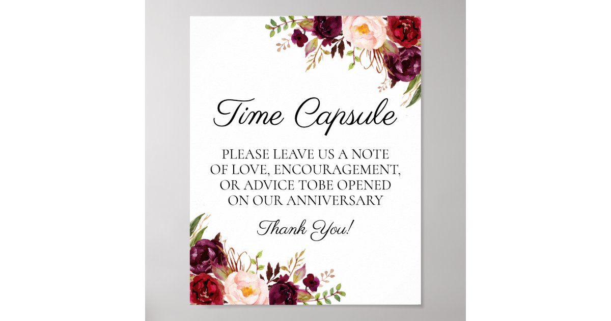 Marsala and Pink Floral Wedding Time Capsule Sign | Zazzle