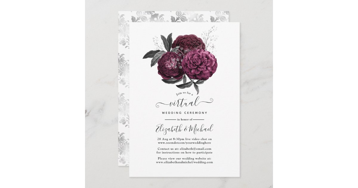 Marsala, Black and Silver Floral Virtual Wedding Invitation | Zazzle