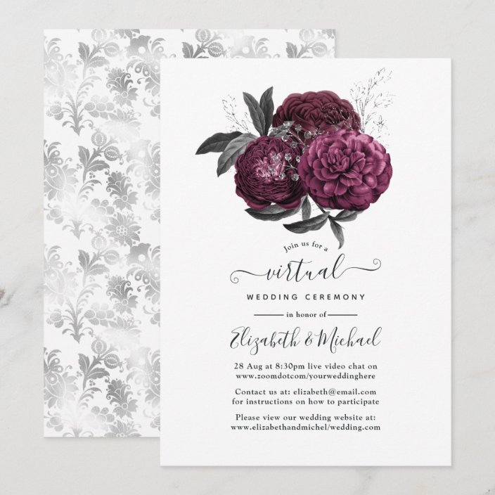 Marsala, Black and Silver Floral Virtual Wedding Invitation | Zazzle.com