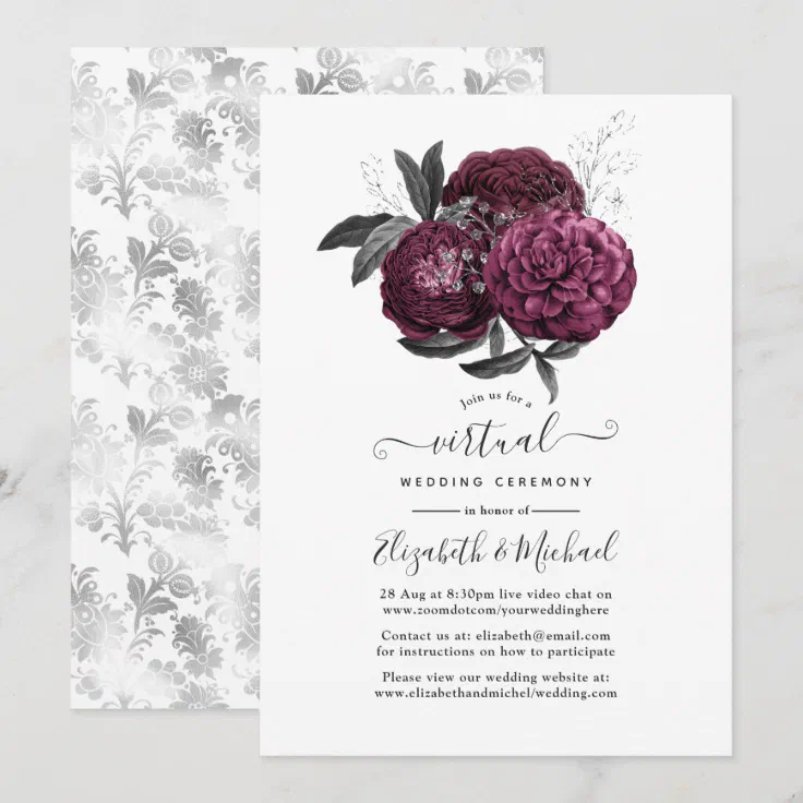 Marsala, Black and Silver Floral Virtual Wedding Invitation | Zazzle