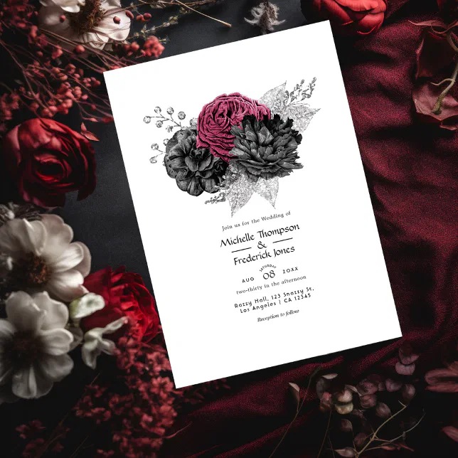Marsala, Black and Silver Floral Wedding Invitation | Zazzle