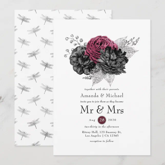 Marsala, Black and Silver Floral Wedding Invitation | Zazzle