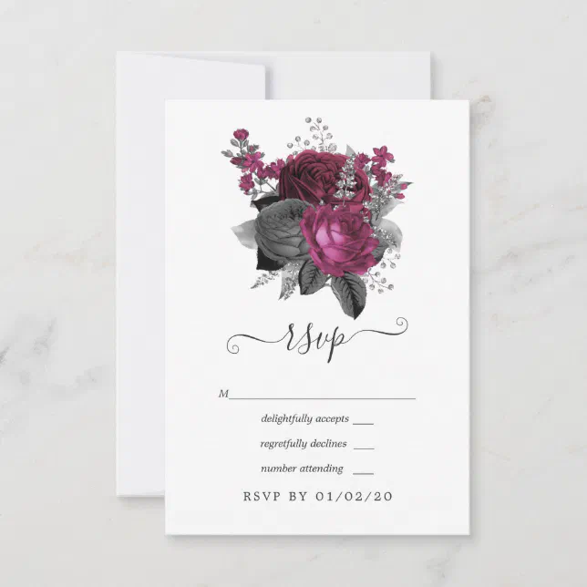 Marsala, Black and Silver Floral Wedding RSVP Card | Zazzle