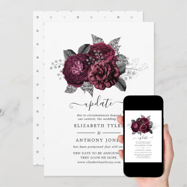 Marsala, Black and Silver Floral Wedding Update Invitation | Zazzle