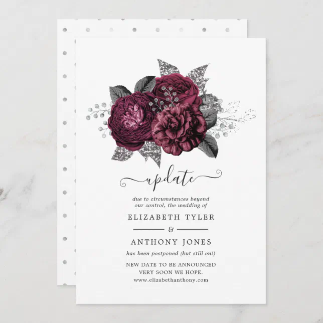 Marsala, Black and Silver Floral Wedding Update Invitation | Zazzle