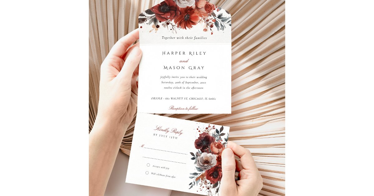 Marsala Bloom Tear-Away RSVP Wedding All In One Invitation | Zazzle