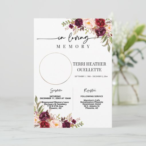 Marsala Blush Boho Photo Funeral Memorial Service Invitation | Zazzle