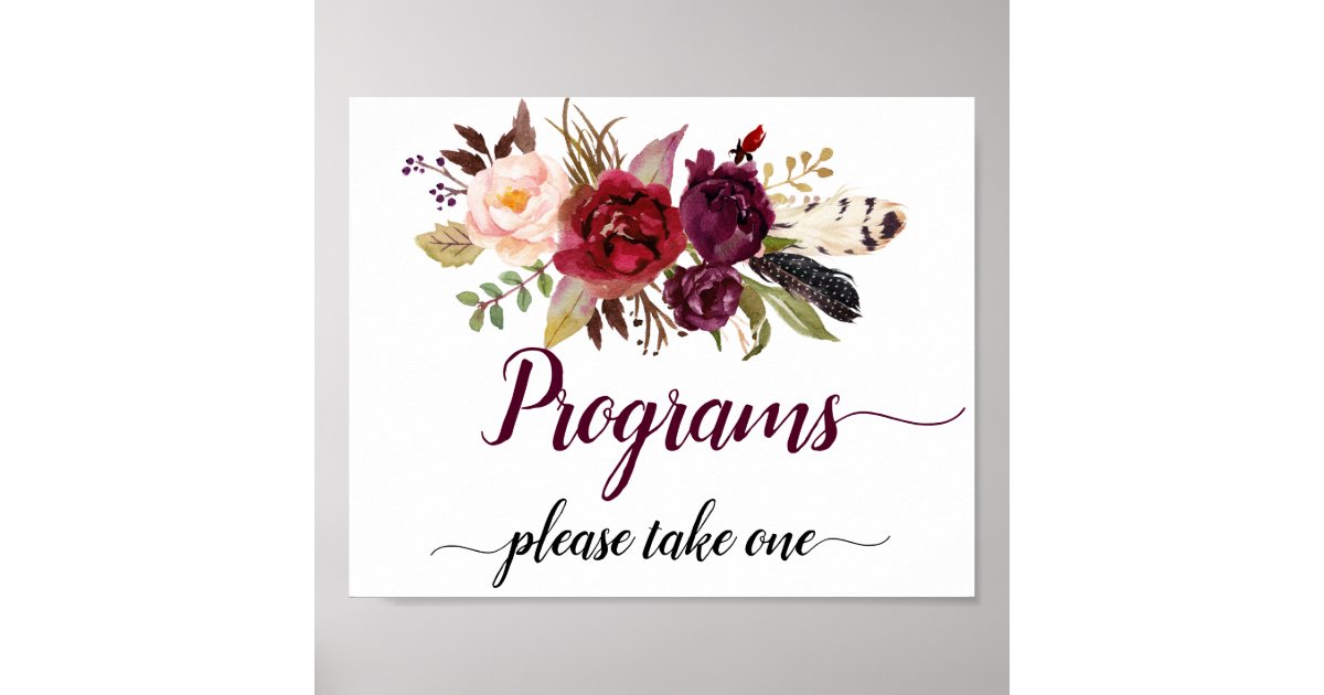 Marsala Burgundy Boho Floral Wedding Programs Sign | Zazzle