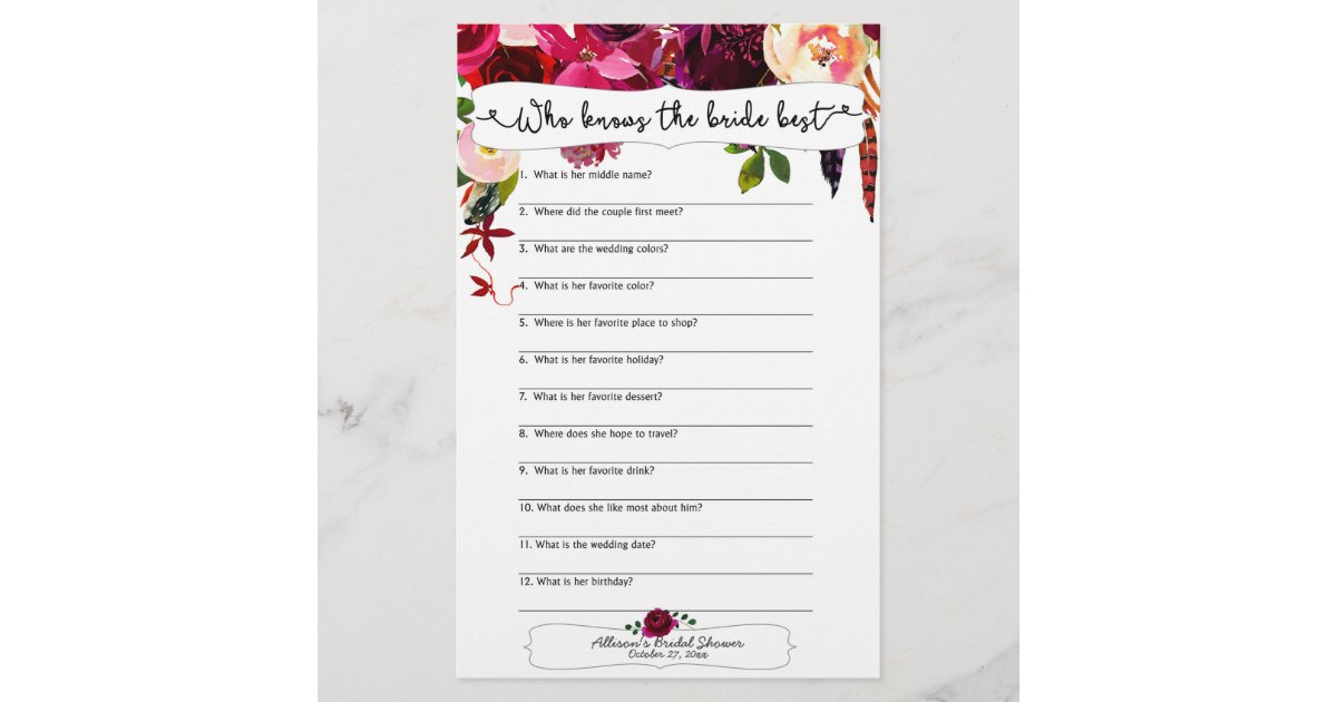 Marsala Burgundy Floral Bridal Shower Games | Zazzle