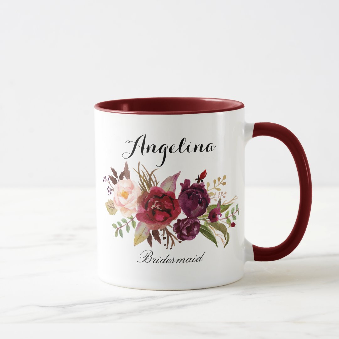Marsala burgundy Floral bridesmaid Mug | Zazzle