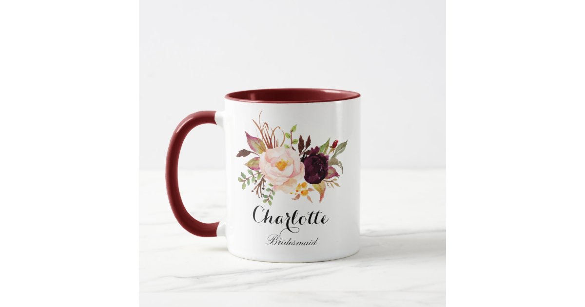 Marsala burgundy Floral bridesmaid Mug | Zazzle
