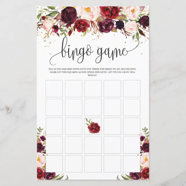 Marsala burgundy floral gold rustic bingo game | Zazzle