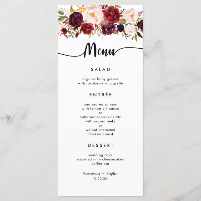 Marsala Burgundy Simple 3 course wedding menu | Zazzle