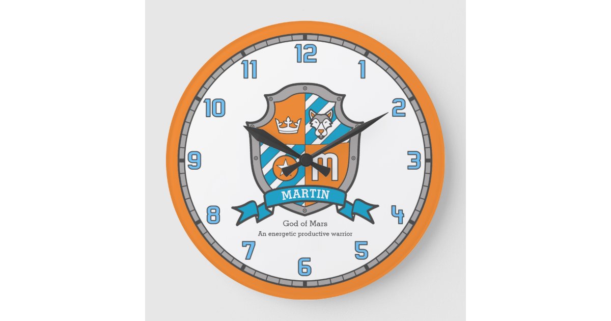Martin name meaning letter M crest orange Large Clock | Zazzle