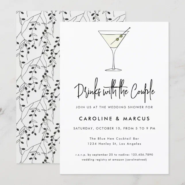 Martini Cocktail Illustration Couples Shower Invitation | Zazzle