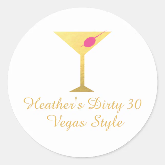 Martini Glass Pink and Faux Gold Foil Classic Round Sticker | Zazzle