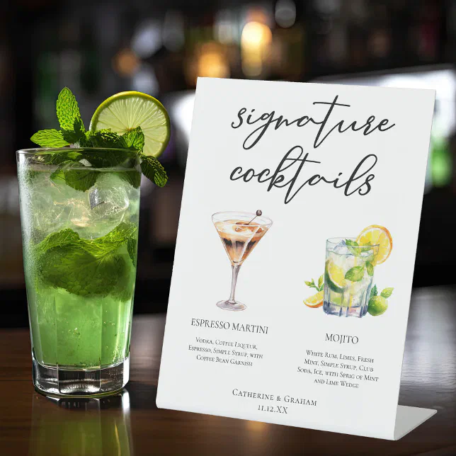 Martini Mojito Signature Cocktails Wedding Menu Pedestal Sign | Zazzle