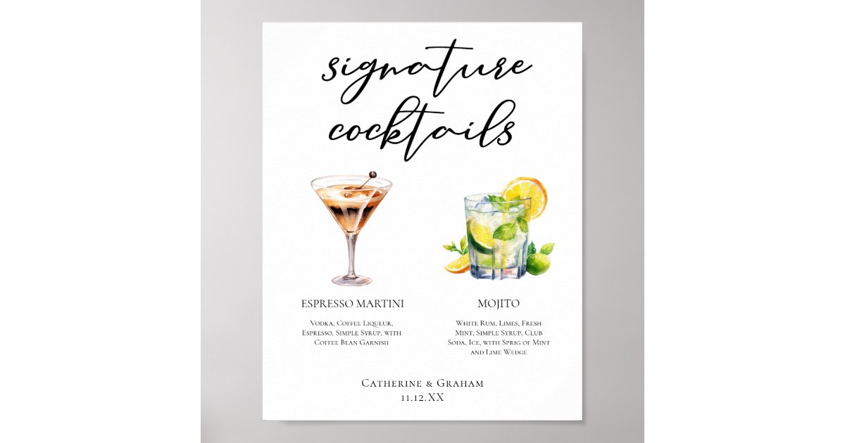 Martini Mojito Signature Cocktails Wedding Menu Poster | Zazzle