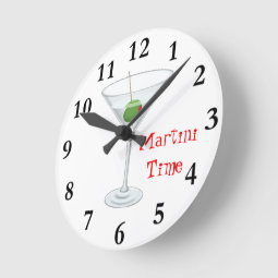 Martini Time Cocktail Glass with Olive Happy Hour Round Clock | Zazzle