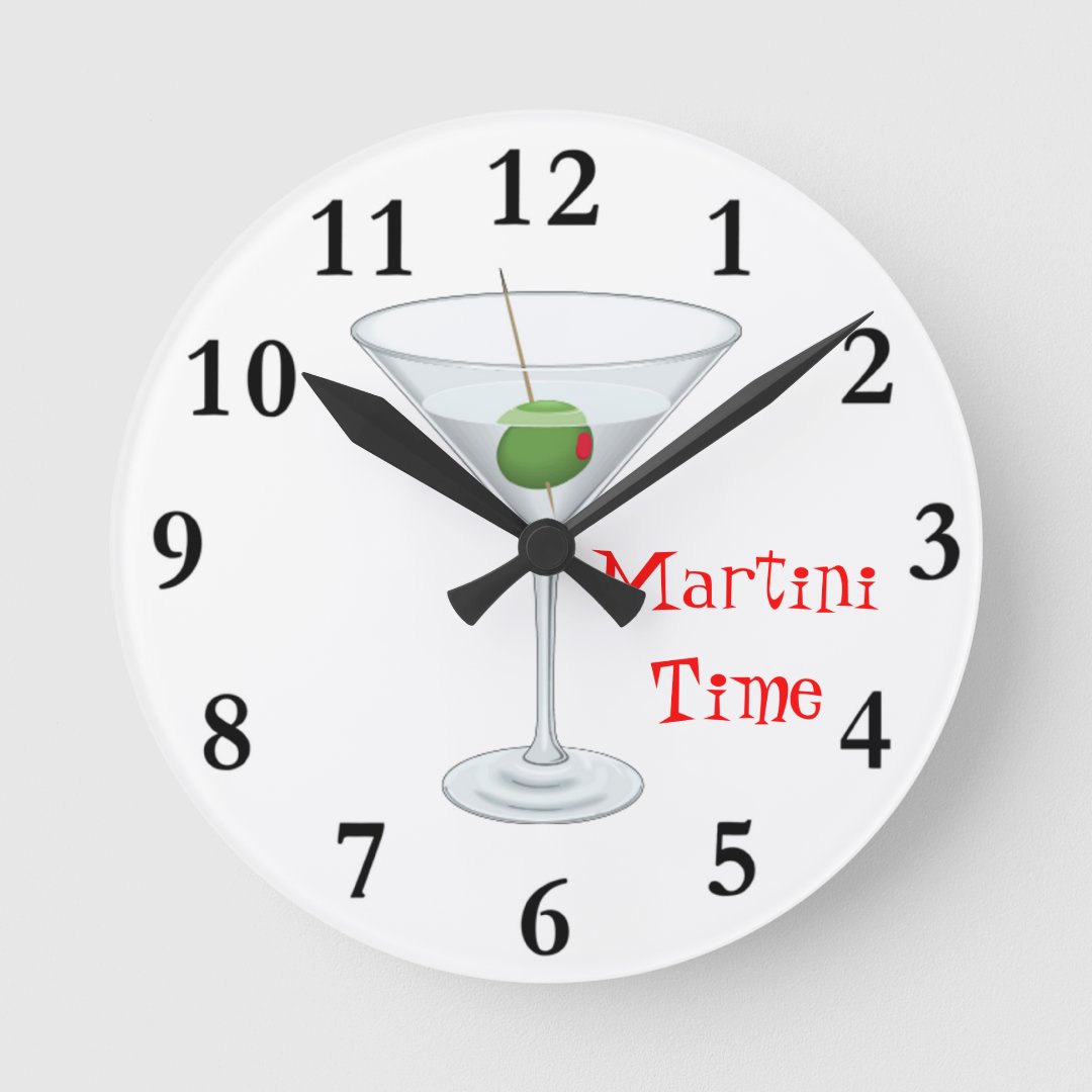 Martini Time Cocktail Glass with Olive Happy Hour Round Clock | Zazzle