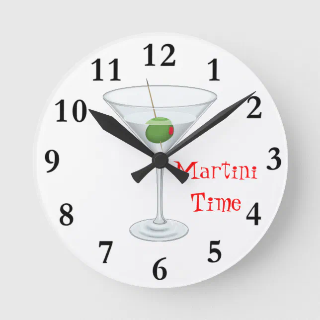 Martini Time Cocktail Glass with Olive Happy Hour Round Clock | Zazzle