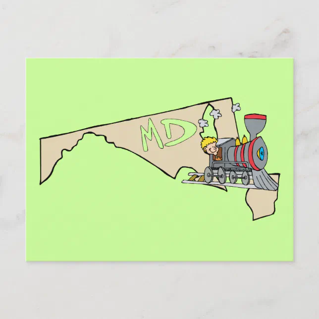 Maryland MD Map & Locomotive Cartoon Art Motto Postcard | Zazzle
