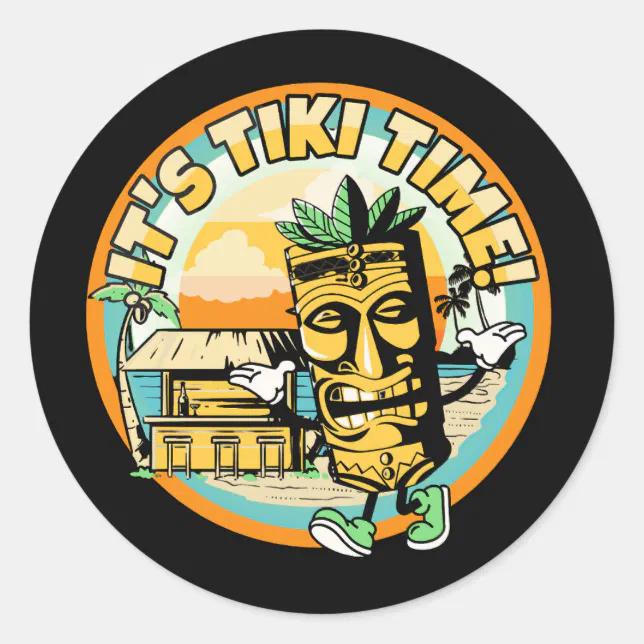 mascot-tiki-with-beach-bar-it039s-tiki-time classic round sticker | Zazzle