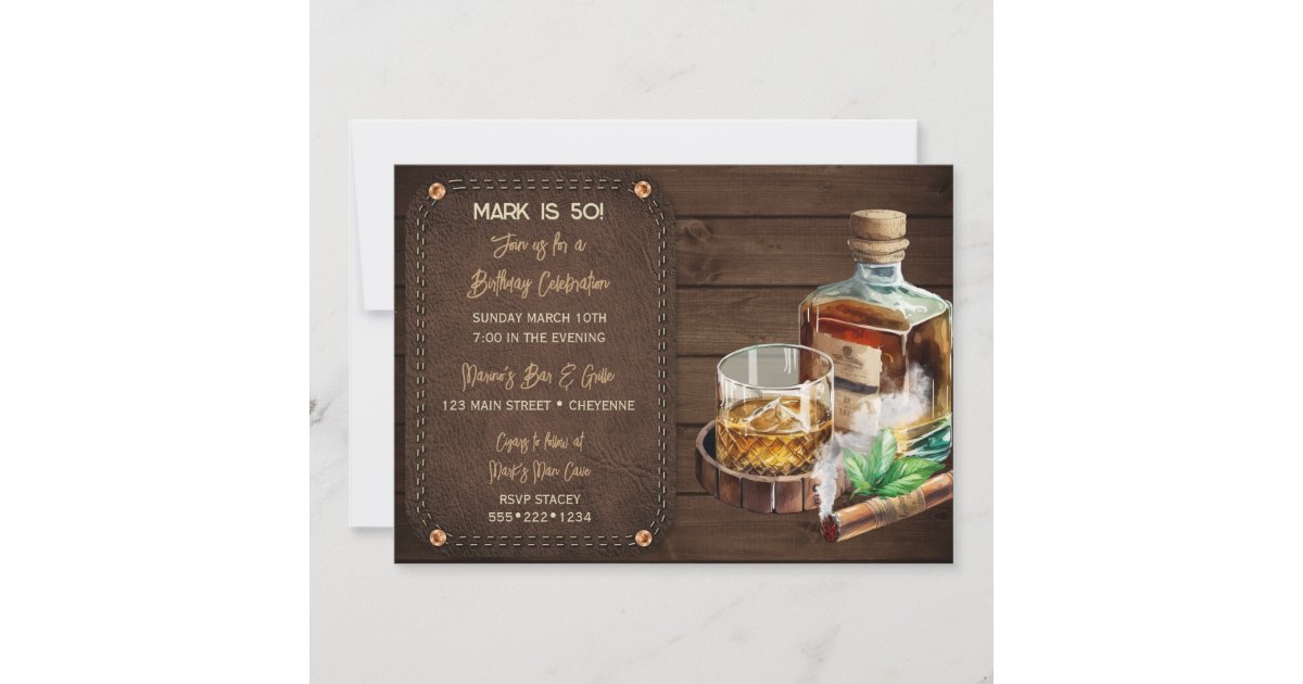 Masculine Bourbon Whiskey Cigars Wood Leather Invitation | Zazzle